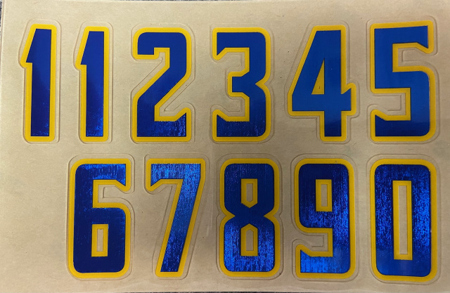 Terrafont Chrome Royal outlined in Chrome Yellow 1.5" tall Player numbers